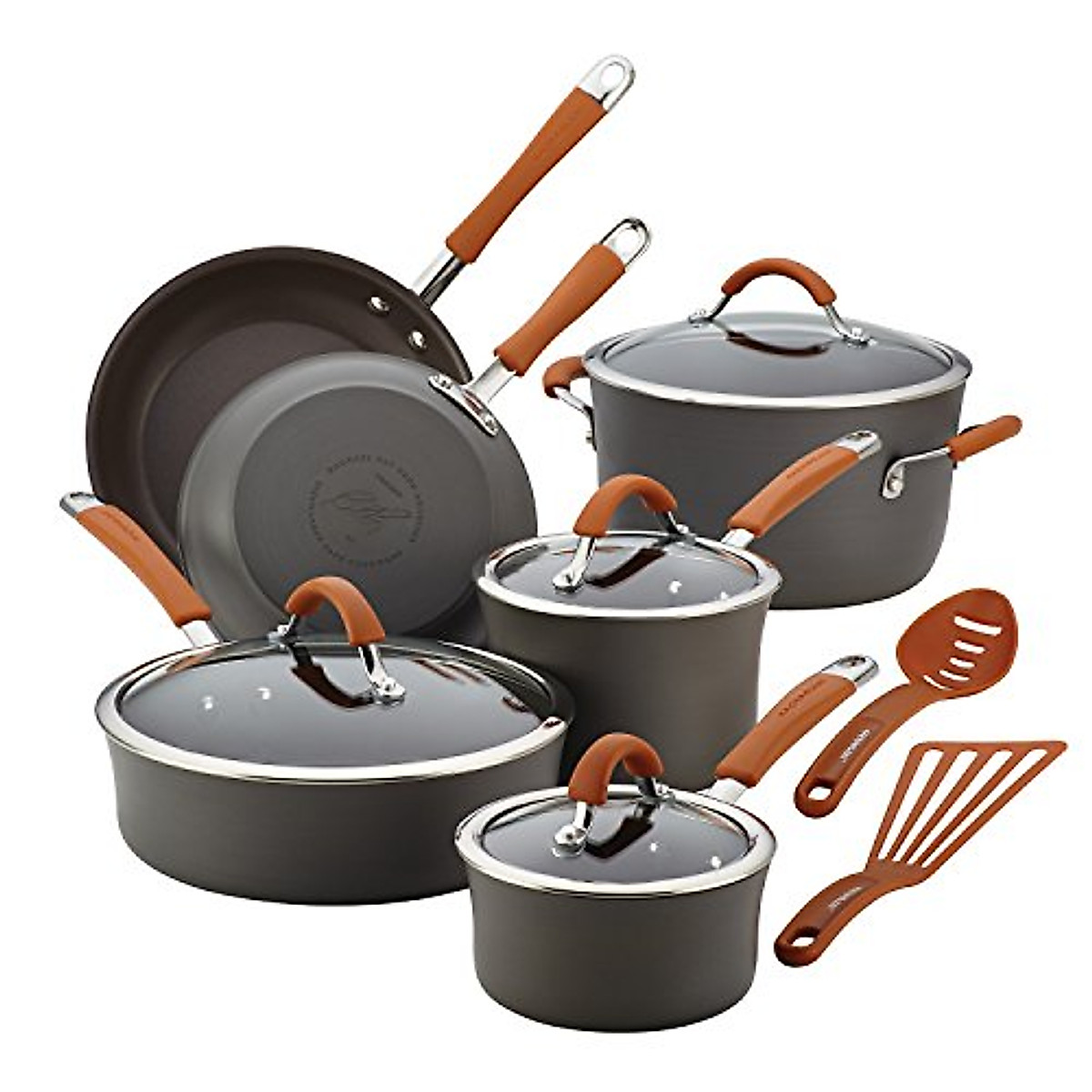 Rachael Ray Cucina Dishwasher Safe Hard Anodized Nonstick Cookware Pots and Pans Set, 12 Piece, Gray with Orange Handles & Kitchen Tools and Gadgets Nylon Cooking Utensils, 2 Piece, Orange