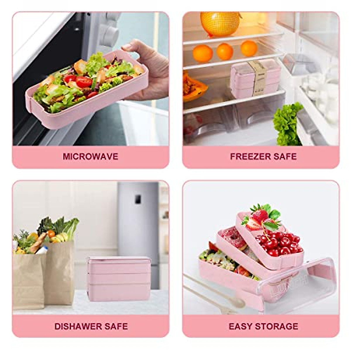 Bento Box Lunch Box for Adults Kids, AsFrost 3-In-1 Compartment Containers - Wheat Straw, Leakproof Eco-Friendly Bento Lunch Box Meal Prep Containers Microwave Safe (Pink)