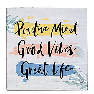 Rustic Positive Mind Good Vibes Great Life Wooden Box Sign Table Decor Plaque Inspirational Quote Wood Box Sign Art Home Office Shelf Desk Decoration 5 x 5 Inches