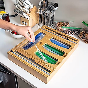 6-in-1 Slim Profile Bamboo Ziplock Bag Organizer for Drawer - Foil and Plastic Wrap Organizer | Baggie & Storage Bag Kitchen Organizer for Gallon, Quart, Sandwich, Snack