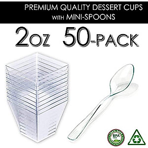 DLux 50 x 2oz Square Mini Dessert Cups with Spoons, Clear Plastic Parfait Appetizer Cup - Small Reusable Serving Bowl for Tasting Party Desserts Appetizers - With Recipe Ebook