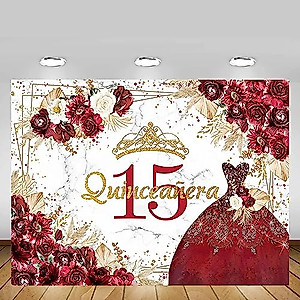 MEHOFOND 10x7ft Boho Floral Quinceanera 15th Birthday Backdrop for Girls Red Flowers Pampas Grass Mis Quince Anos 15th Birthday Party Decorations Photography Background Gold Glitter Dots Crown Banner