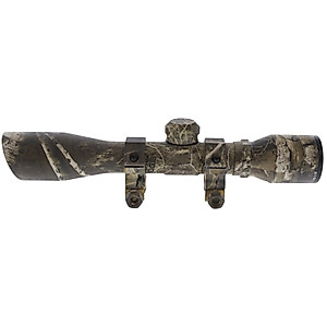 TruGlo 4 x 32 Inch Compact Illuminated Fully-Coated Aluminum Shotgun Hunting Scope with Weaver-Style Rings and Diamond Ballistic Reticle, Camouflage