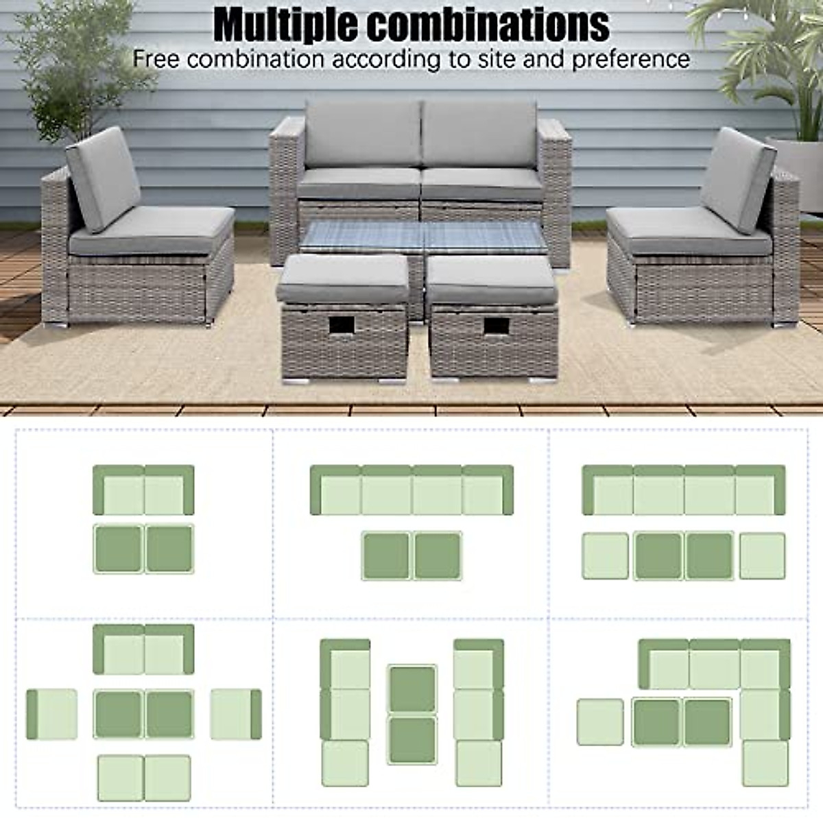 Outdoor Furniture Patio Furniture Set, 8 Pieces Wicker Rattan Conversation Sectional Sofa Couch with Comfortable Cushions for Garden Backyard Deck,Grey Wicker Denim Blue (Grey Wicker Grey Cushion)