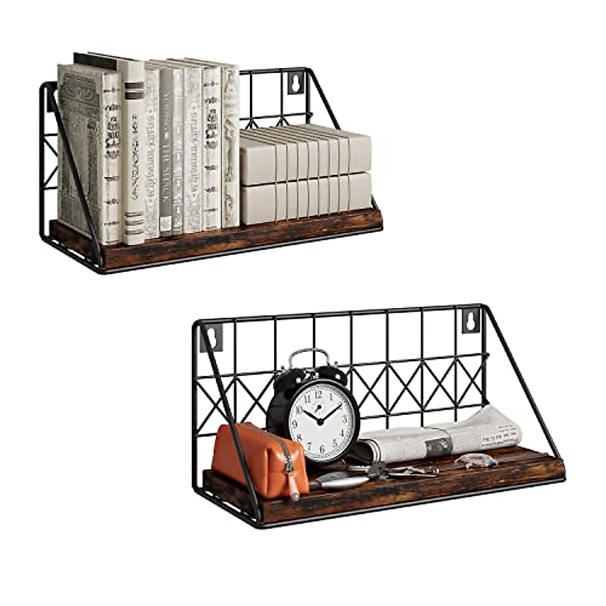 JOIN IRON Set of 2 Wall Mounted Floating Shelves Wood Rustic Storage Shelves for Bedroom, Bathroom, Living Room(Brown)