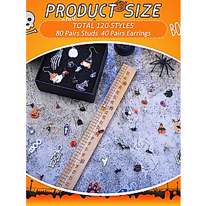 Sasylvia 120 Pairs Halloween earrings Sets Halloween Studs earrings Bulk Bat Cat Witch Stud earrings Set Spider Web Pumpkin Skull earrings Drop Halloween Jewelry for Women Girls for Party