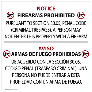 ComplianceSigns.com Texas 30.05 A Person May Not Enter with a Firearm Bilingual, Aluminum, 24" x 24"