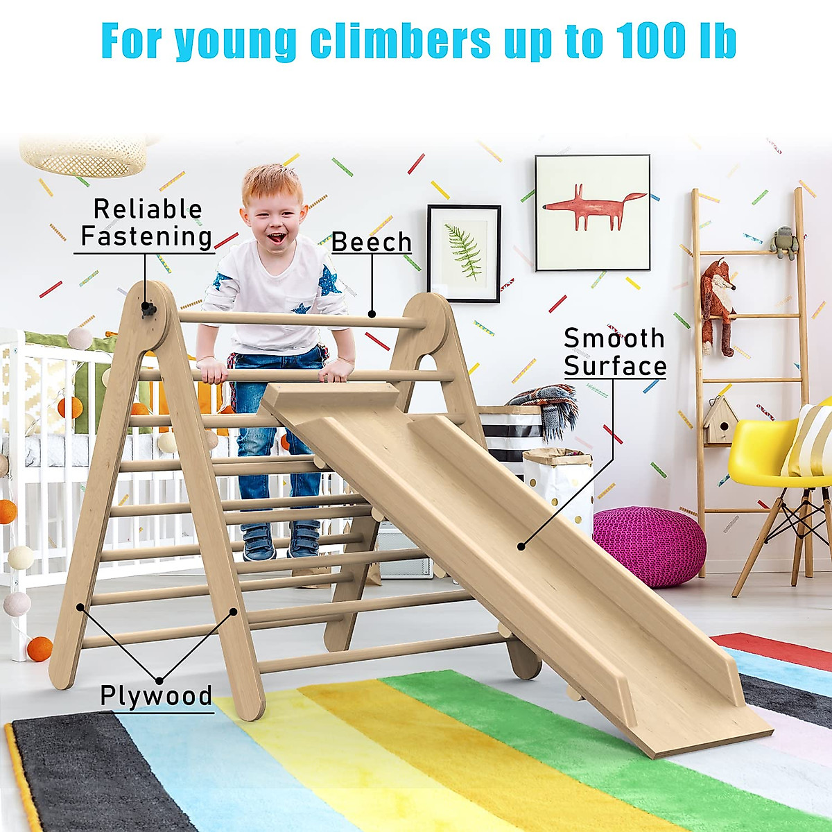 Baoniu Triangle Climbing Toys, Stable Climbing Toys for Toddlers with Climbing and Sliding Ramps, 2 in 1 Foldable Wooden Activity Triangle Climber, Safety Indoor Kids Climbing Toys for Toddlers