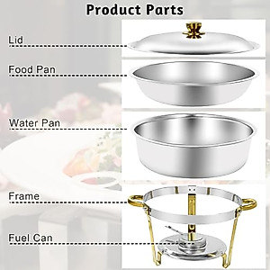 Jwevvie Gold Chafing Dishes for Buffet, 5QT Round Chafing Dish Buffet Set w/Lid, Thickened Stainless Steel Chafers and Buffet Warmers Sets for Weddings, Events, Banquet (8-Pack)
