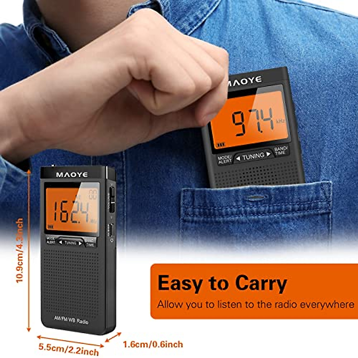 Maoye AM/FM Weather Alert Radio Portable Transistor NOAA Radio with Best Reception Operated by 2 AAA Batteries Big Digital Screen Stereo Earphone Jack Time Setting Pocket Radio (Black)