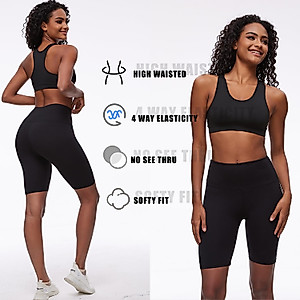 High Waisted Biker Shorts for Women-Workout Yoga Running Shorts Leggings with Pockets (1# Black,3 Pack, Large)