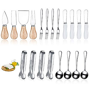 20 Pieces Cheese Butter Knife Set Charcuterie Board Accessories Spreader Slicer Knife Stainless Steel Blade with Porcelain Wooden Handles Mini Serving Tongs Spoons Forks for Christmas (Chic Style)