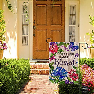 Hzppyz Grateful Thankful Blessed Thanksgiving Garden Flag, Decorative Small Outdoor Flag Flower, Rustic Burlap Christmas House Yard Flag Spring Outside Holiday Decoration Home Decor Flag 12.5 x 18