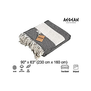 Aegean Concept - 100% Organic Cotton Turkish Throw Blanket ; 90" x 63" (230 cm x 160 cm) Twin Size Modern Boho Rustic Bedspread for Chair, Bed or Couch | Indoor or Outdoor Cozy Hand Woven-Black