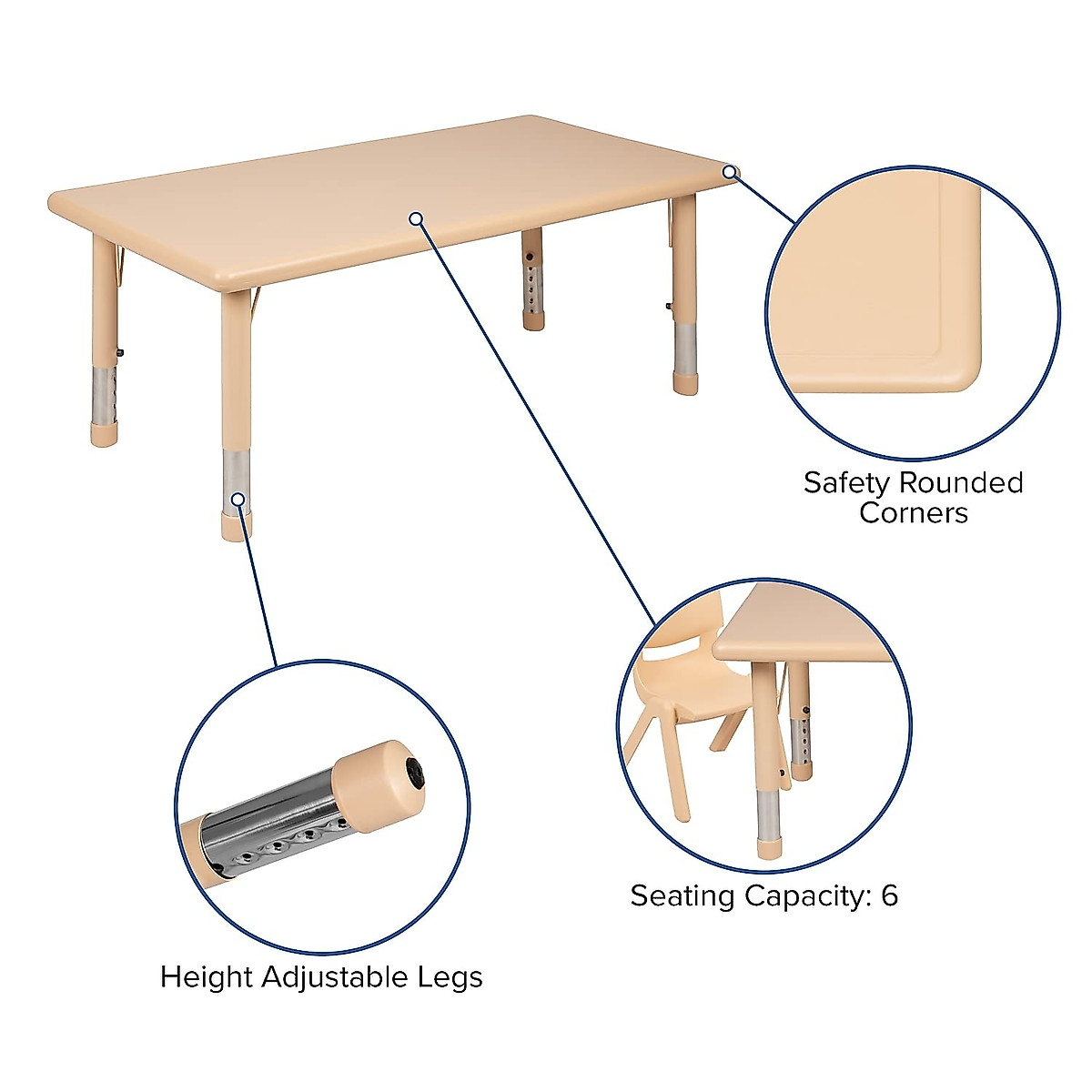 Flash Furniture Adjustable Classroom Activity Table with 6 Stackable Chairs, Rectangular Plastic Activity Table for Kids, 24" W x 48" L, Natural