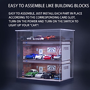 SIKIVOT Double Deck Garage Display Case， 1/64 Scale Parking Lot Model Car， Die-cast Car Garage Display Case，12 Parking Space with LED Light and Acrylic Cover (7642 Red Brick Wall)