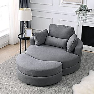 FULife Oversized Swivel Accent Barrel Chair with Storage Ottoman+4 Pillows,Comfy Upholstered 360 Recliner Sofa Club Chaise Leisure Round Loveseat Lounge Armchair for Living Room/Hotel/Nursery