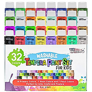 U.S. Art Supply 32 Color Children's Washable Tempera Paint Set - 2 Ounce Wide Mouth Bottles for Arts, Crafts and Posters