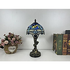 LGWW Tiffany Style Table Lamp Dragonfly Style Rose Base Stained Glass Bedside Lamp Antique Luxurious Bedside Desk Reading Light 15X8X8 Desk Light Metal Base Decor Bedroom Living Room Home Office