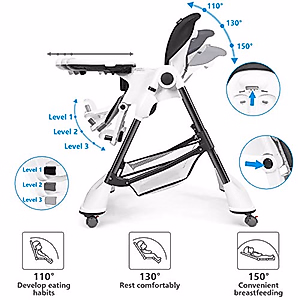 INFANS High Chair with One-Hand Removable Tray, 4 Lockable Wheels & Large Storage Basket - Multi-Adjustable Height, Recline & Footrest, Removable Cushion, Foldable for Baby, Infant& Toddler, Grey