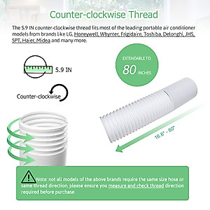 Air Conditioner Exhaust Vent Hose - 5.9" Diameter, 80" Length, Angooni Universal Counter-Clockwise Air Vent Compatible with Honeywell, Whynter, Frigidaire, LG, Delonghi Toshiba, Delonghi, JHS