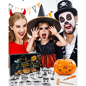 JUSTOTRY Pumpkin Carving Kit with Hammer Safe for kids, Halloween Pumpkin Cutter Tools, Durable Stainless Steel Non-knife Shaped Stencils, Pumpkin Carving Set for Adults, 23 PCS