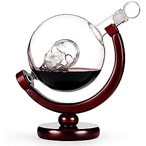 Whiskey Decanter Set whiskey gifts for men Skull Decanter, Rotating Clear Glass Globe Includes 2 Skull Shot Cups, Liquor Dispenser with Wooden Stand, Whiskey Decanter with Antique Ship