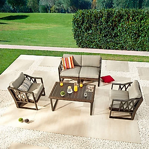Patio Festival Five-Wicker Outdoor 5-Piece Conversation Set Black Brown Grey Modern Contemporary Transitional Resin Wicker Metal Finish Arm Chairs Coffee Table
