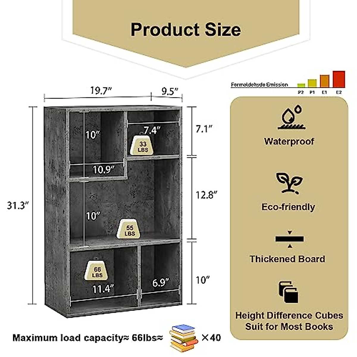 VECELO 31 Inch High Modern Bookcase, 3 Tier Bookshelves, 5 Cube Storage Organizer with Anti-tip Kit, Different Height Open Storage Fits Most Books, Easy to Install, Grey