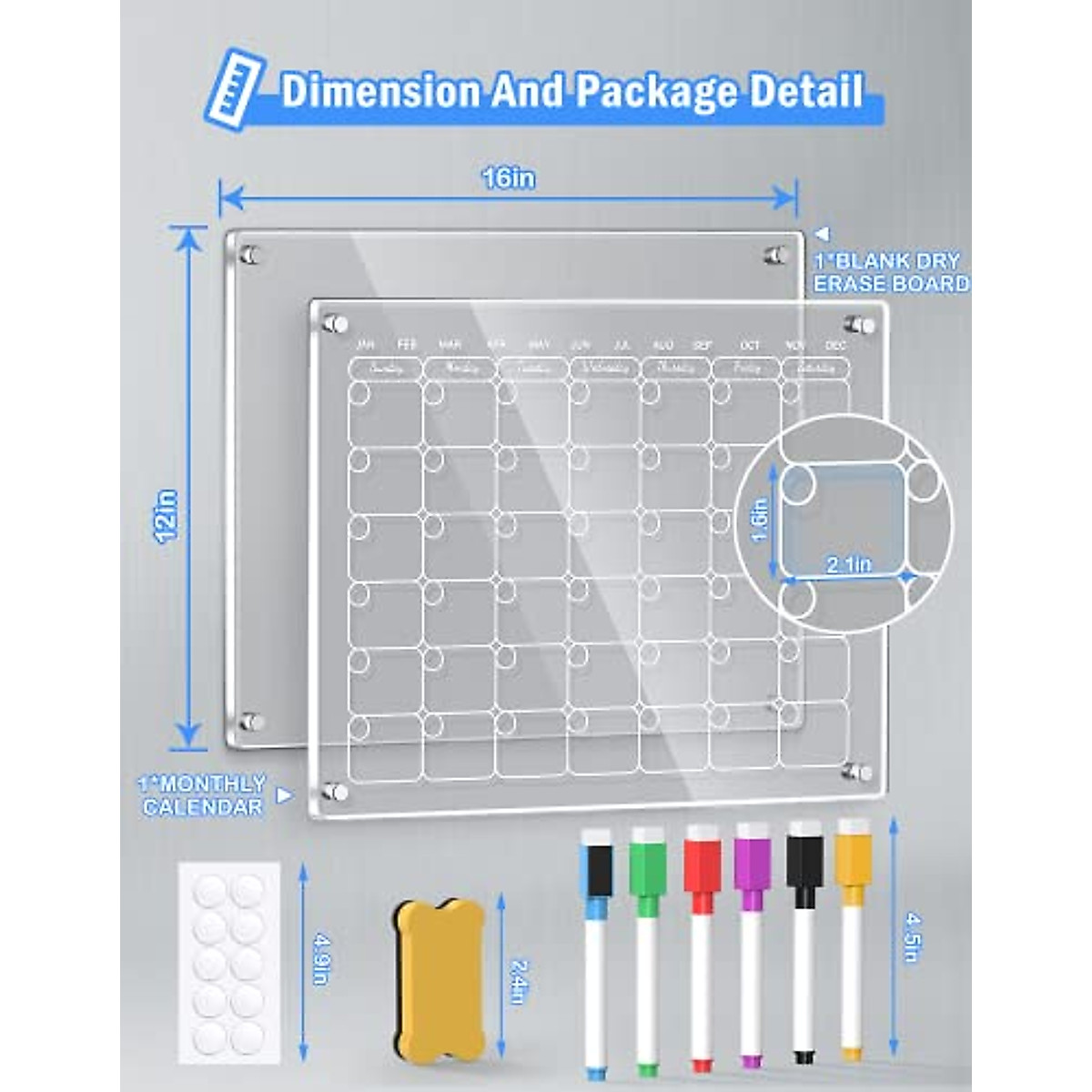 Acrylic Magnetic Dry Erase Calendar Board for Fridge, 16''x12'' Monthly Calendar&Blank Dry Erase Board for Fridge, 90% Stronger-Magnetic Whiteboard Planner Also for Stainless Steel 6 Markers 1 Eraser