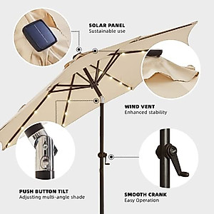wikiwiki 9ft Outdoor Patio Table Umbrella, Sturdy Solar Led Market Umbrella for Deck, Pool, Garden w/Tilt, Crank, 32 LED Lights - Beige