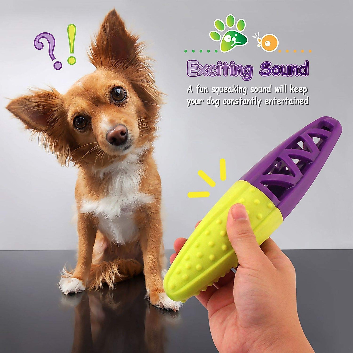 Fluffy Paws – Stick-Shaped Dog Squeaky Toy for Small-Medium Puppy & Dogs | Dental Dog Treat Chew Toy Helps Massage Dogs Gums, Good for Aggressive Chewers | Green/Purple