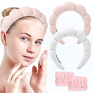 Sponge Spa Headband for Women, Spa Terry Towel Cloth Fabric Head Band with 2PCS Wrist Washband, Soft & Absorbent Material Hair Accessories for Face Washing Shower Skincare Makeup Removal Facial Mask (Pink,White)