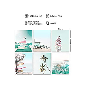 Tropical Summer Wall Art Set - 8x10 Nautical Ocean Poster Prints for Beach House Decor, Home Decoration - Cool Chic Gift - Unframed Nautical Photo Pictures - Flamingo, Palm Tree, Wave, Water