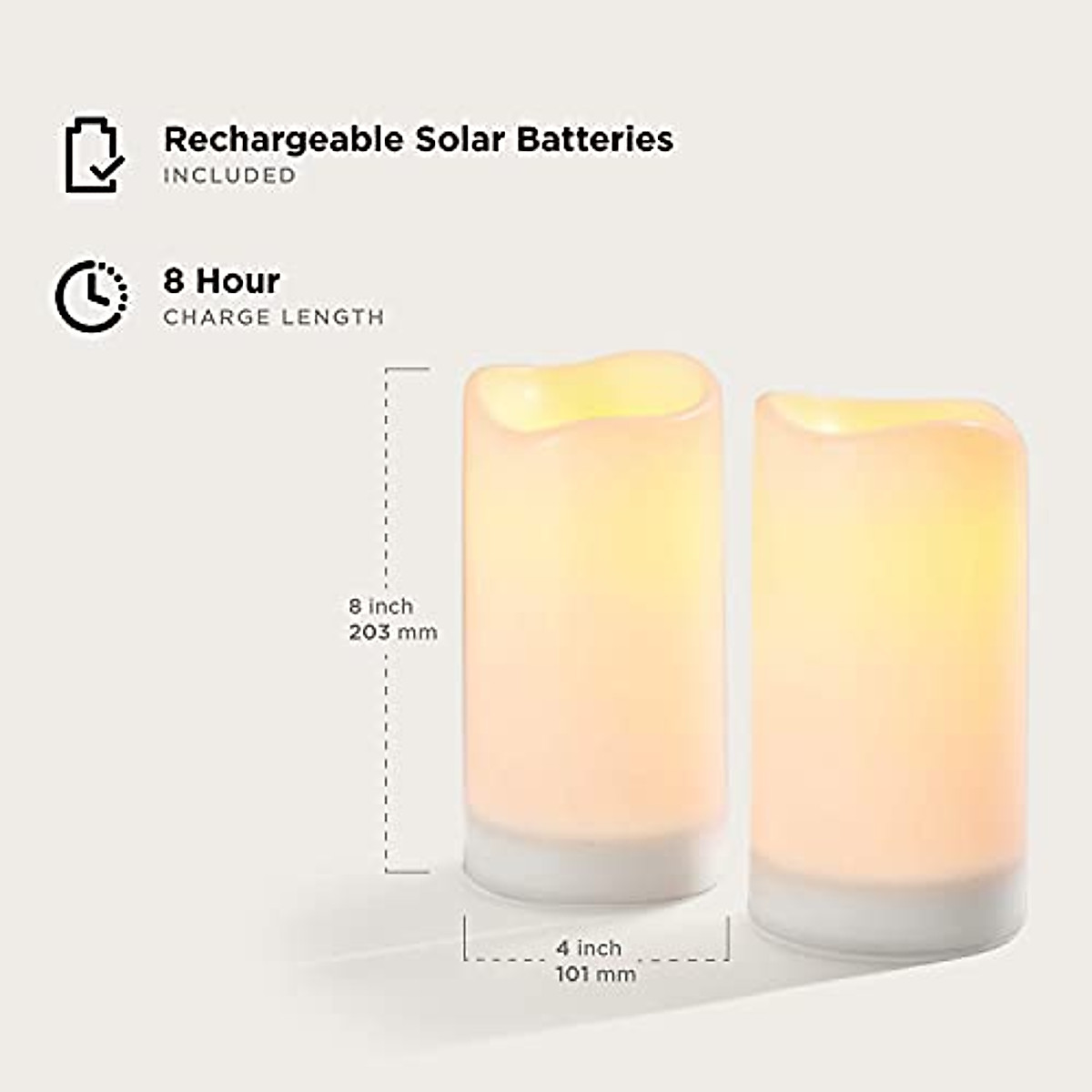 Large Outdoor Solar Candles - 4x8 Flameless Pillar Candle Set, White Resin, Flickering LED Light, Dusk to Dawn Timer, Rechargeable Solar Battery Included, Waterproof for Patio Decor - 2 Pack