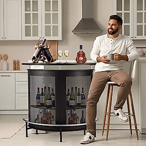 JOMEED Bar Table with Storage, High Top Table with Metal Mesh Front, Goblet Holders and Footrest, Semi Cylindrical Shape Black Liquor Bar for Home