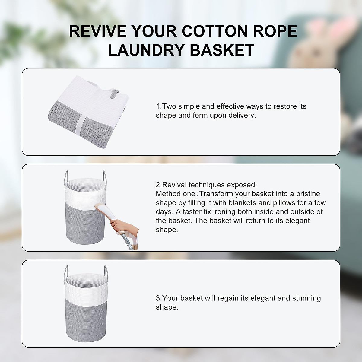 Fixwal 72L Laundry Basket, 16 x 22inches Large Laundry Hamper Tall Cotton Rope Woven Decorative Storage for Living Room, Toys, Towels, Clothes Baby Nursery Bin, (Grey/White)