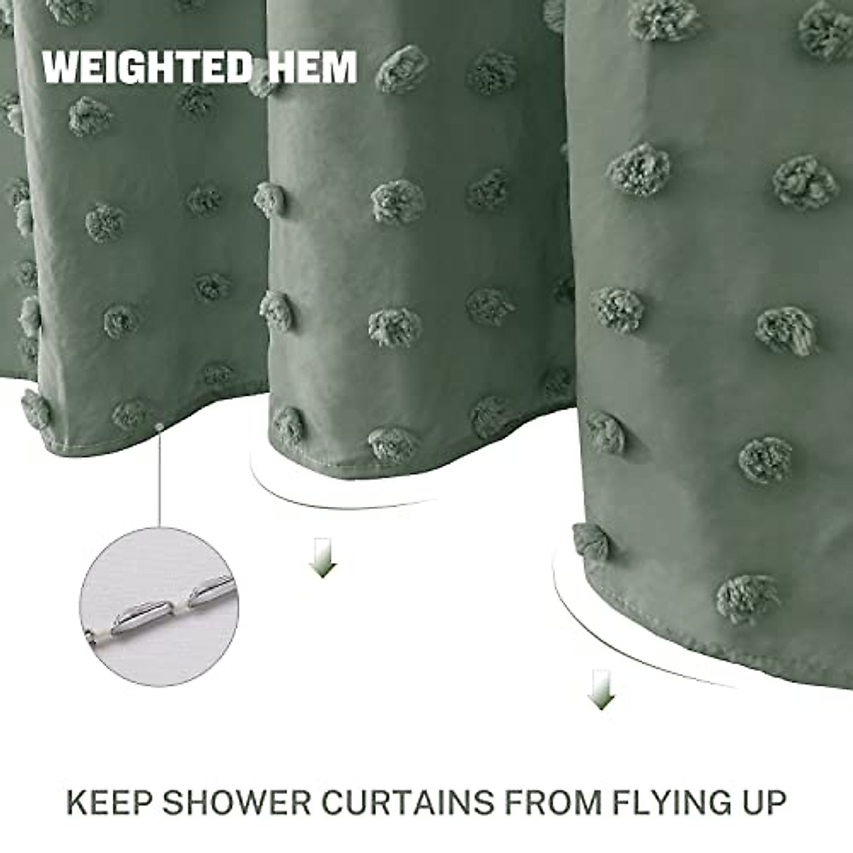 Siiluminisoy Green Boho Shower Curtain Woven Fabric Cute Shower Curtain, 72 x 72 Tufted Pleat Floral Textured Modern Farmhouse Minimalist Shower Curtain Set with Hooks for Bathroom