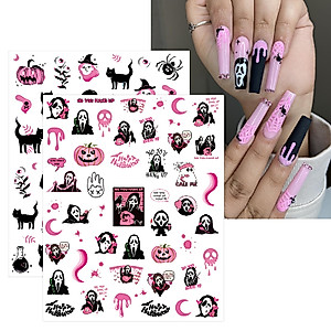 JMEOWIO 9 Sheets Pink Halloween Nail Art Stickers Decals Self-Adhesive Pegatinas Uñas Cute Skull Ghost Witchy Spider Web Bat Candy Pumpkin Nail Supplies Nail Art Design Decoration Accessories
