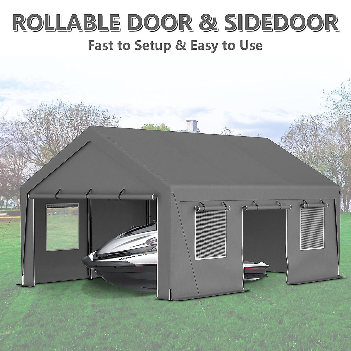 MACHOME Outdoor 13x20 FT Carport, Heavy Duty Canopy Storage Shed with Mesh Windows and Galvanized Steel Tube, All-Season Tarp, Wide Range of Appliaction for Car, Boat and Reunion, Gray