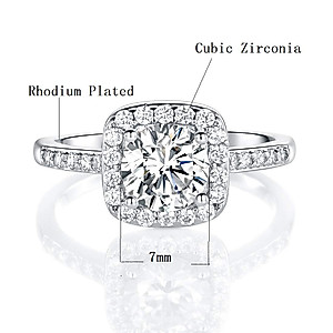 MDFUN 18K White Gold Plated Cubic Zirconia Promise Halo Engagement Promise Eternity Ring for Women (rhodium-plated-brass, 7)