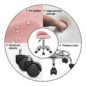 KKTONER PU Leather Round Rolling Stool with Foot Rest Height Adjustable Swivel Drafting Work SPA Task Chair with Wheels (Pink)