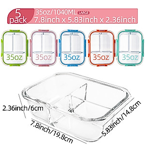 Glass Food Storage Containers 3 Compartment with Lids (5 Pack, 34oz), Divided Glass Meal Prep Containers for Lunch at Work, Leak-Proof Portion Control Food Containers, Microwave/Dishwasher Safe
