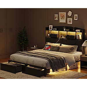 DOGIBIXO Full Size Black Bed Frame with 4 Drawers, Upholstered Velvet Platform Bed Frames with Led Lights, Button Tufted Headboard, Wooden Slats Support, No Box Spring Needed, Black