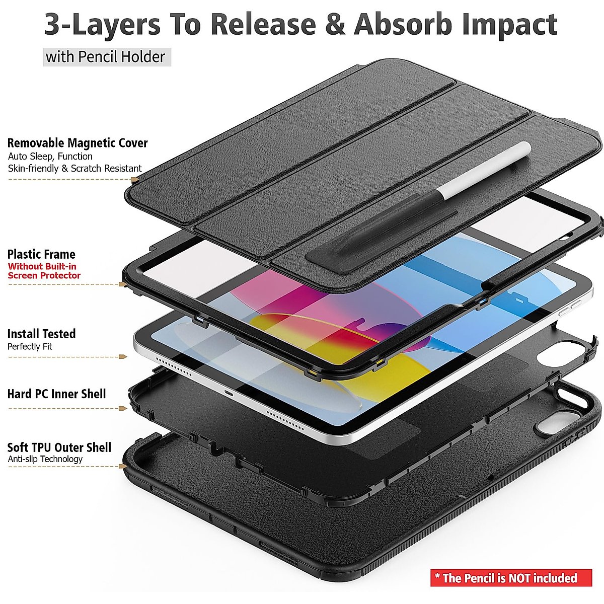 SEYMAC stock Case for iPad 10th Generation 10.9'' Case 2022, Shockproof Tri-Fold Stand Case with Pen Holder, Detachable Magnetic-Cover with Auto Sleep/Wake Case for iPad 10th Generation 10.9'', Black