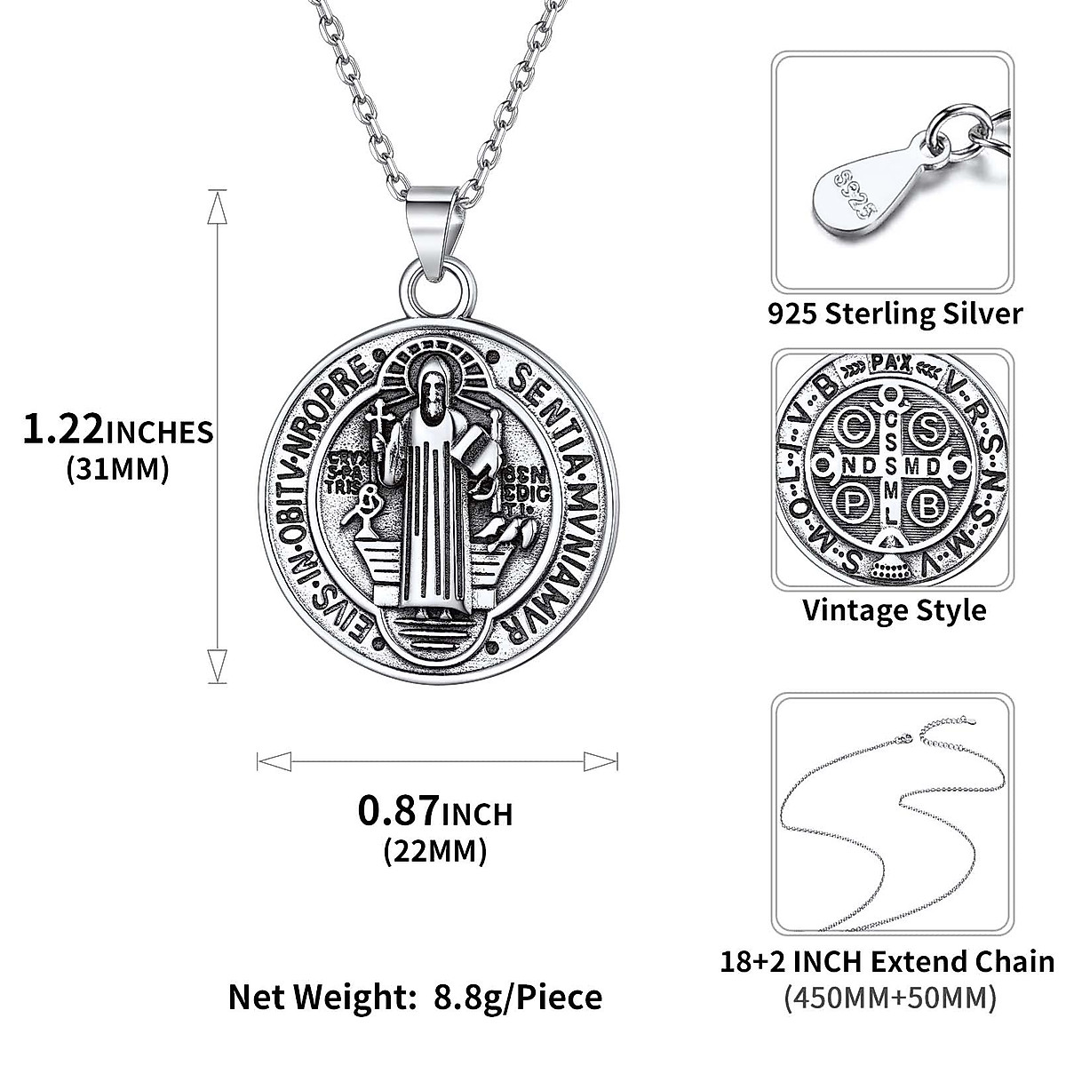 Nofade Silver Saint Benedict Cross Necklace for Men Women, 925 Sterling Silver Round St Benedict Pendant Necklace Coin Medallion Necklace Talisman Amulet Jewelry