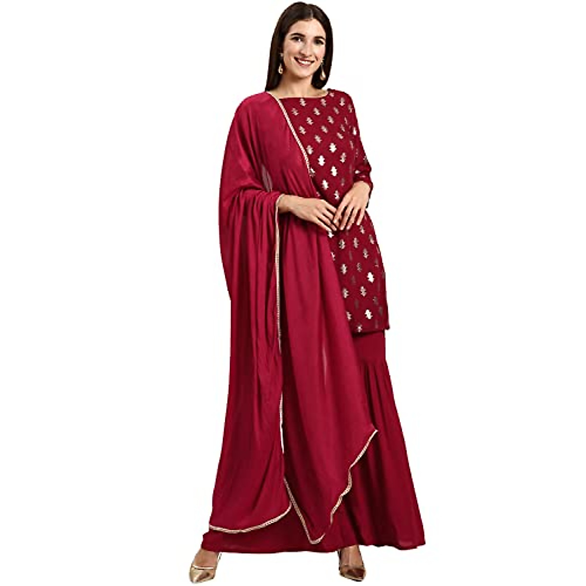Janasya Indian Women's Maroon Rayon Kurti With Sharara And Dupatta(SET322-KR-SHA-XS)