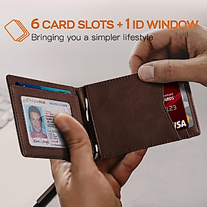 RUNBOX RFID Blocking Genuine Leather Slim Wallet for Men Bifold Minimalist Front Pocket Mens Wallet with Money Clip Thin Gift Box