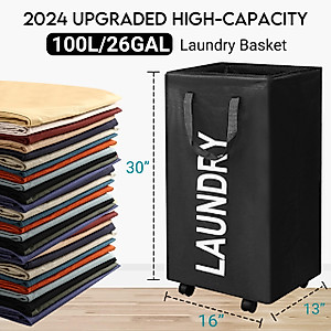 ZOES HOMEWARE 100L Large Laundry Basket with Wheels, 26 GAL Rolling Laundry Hamper with Handle, 30" Tall Rectangular Laundry Basket for Corner, Collapsible and Foldable, (Black)