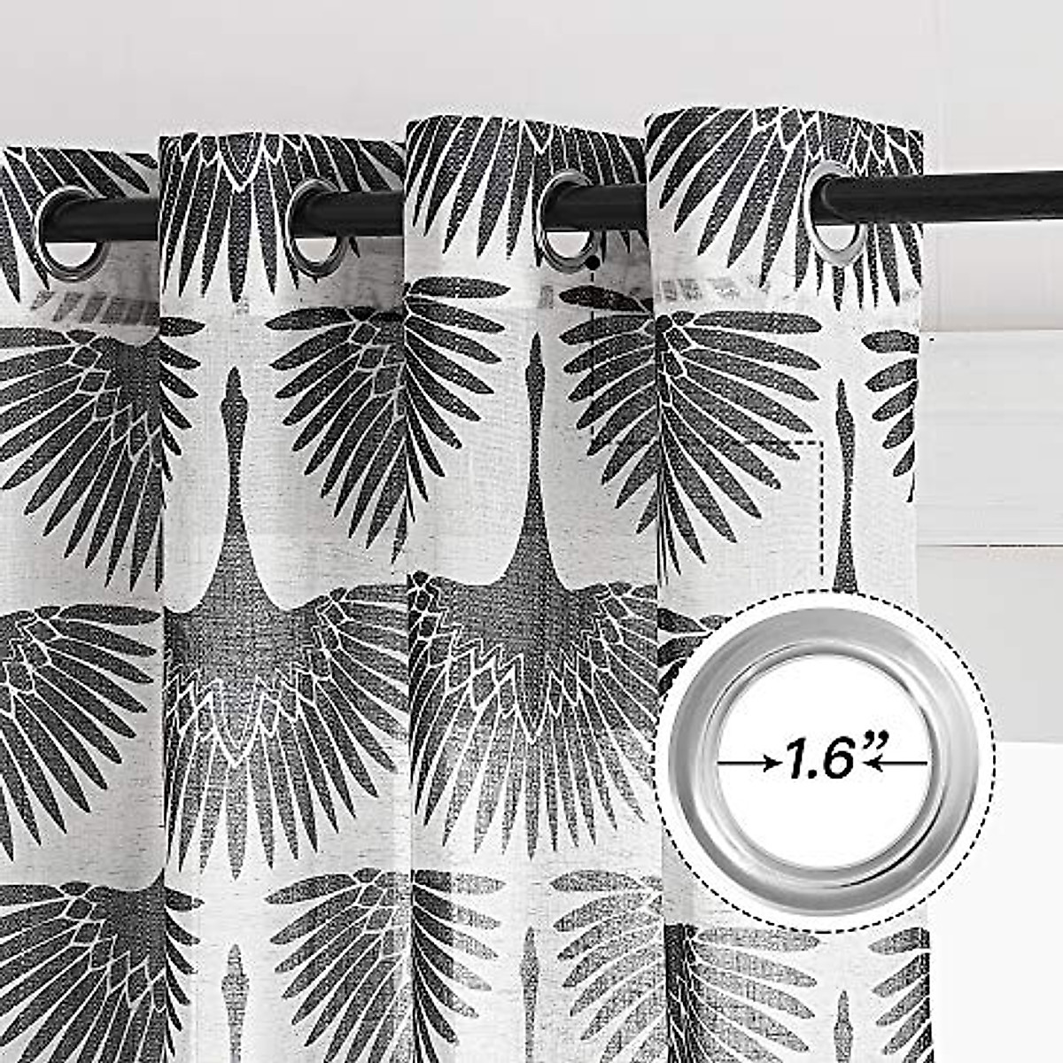 KGORGE Sheer Curtains 84 inch Length - Natural Linen Floral Curtains Geometric Print Half Translucent Washable Window Drapes for Bedroom Living Room French Door, Set of 2, Black